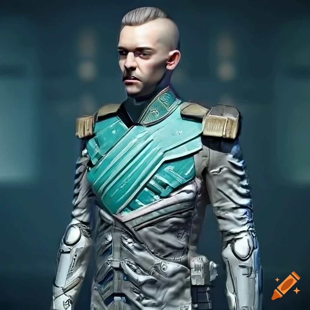Sculpted portrait of a male soldier in futuristic military dress uniform on Craiyon
