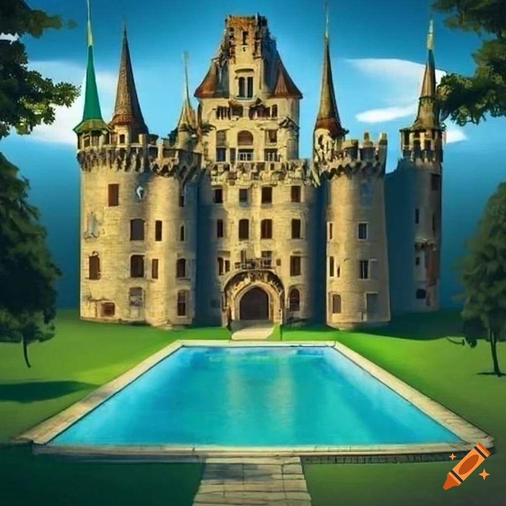 Castle with towers and swimming pool on Craiyon