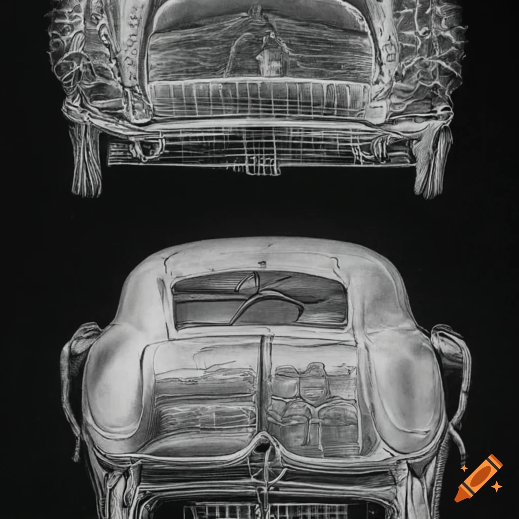 Detailed anatomical drawing of an automobile's internal structure on ...
