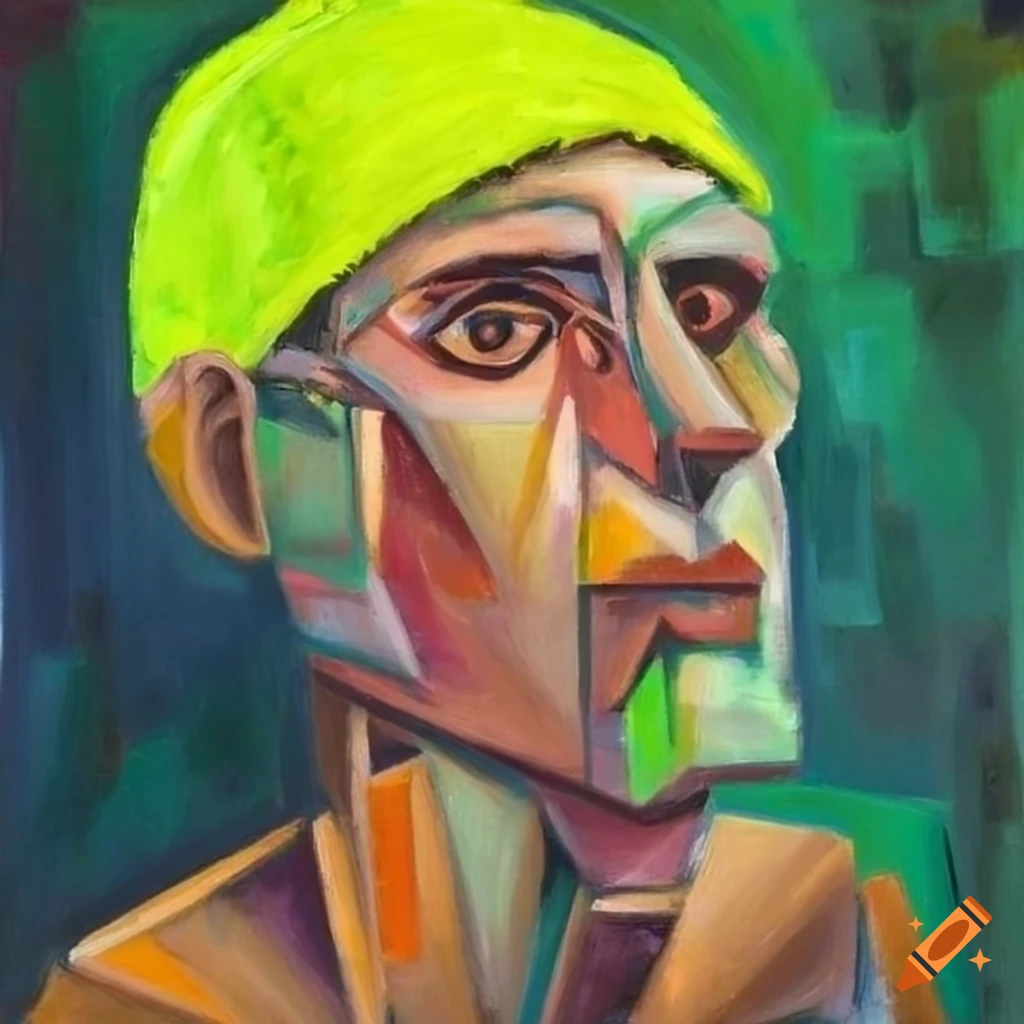 Cubist painting of a man wearing a neon yellow beanie on Craiyon
