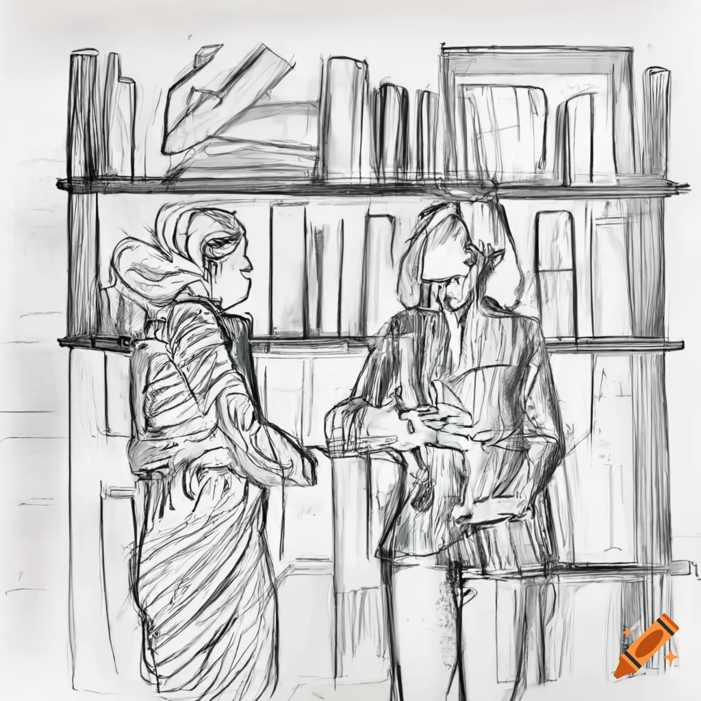 Two people having a conversation in a room with a bookshelf