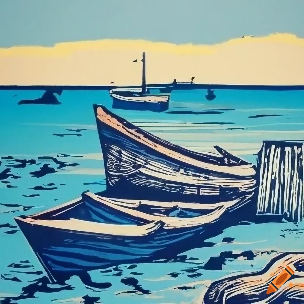 Linocut of distressed wooden boats and coastal scenes on Craiyon