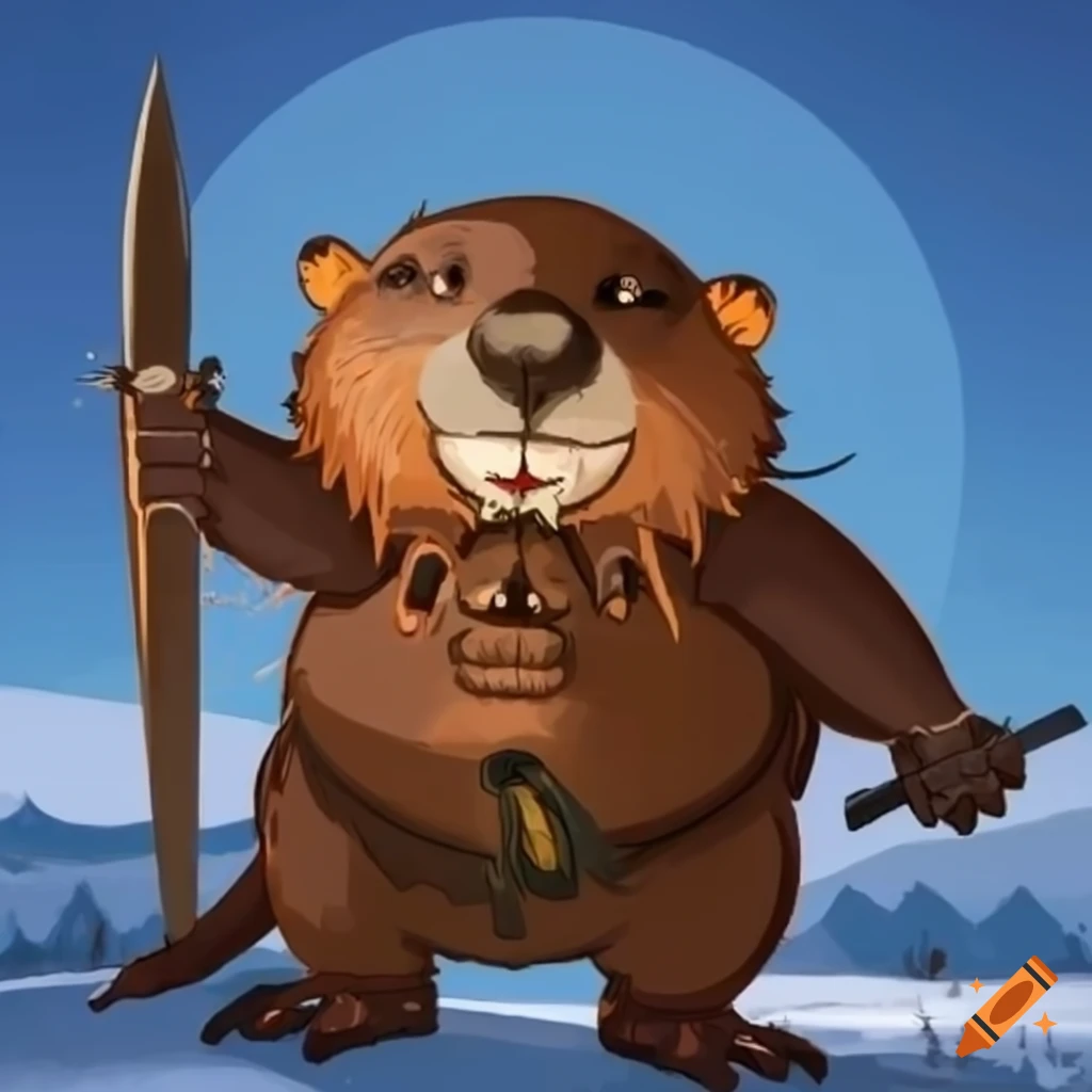 Illustration of a warrior beaver in snowy landscape on Craiyon
