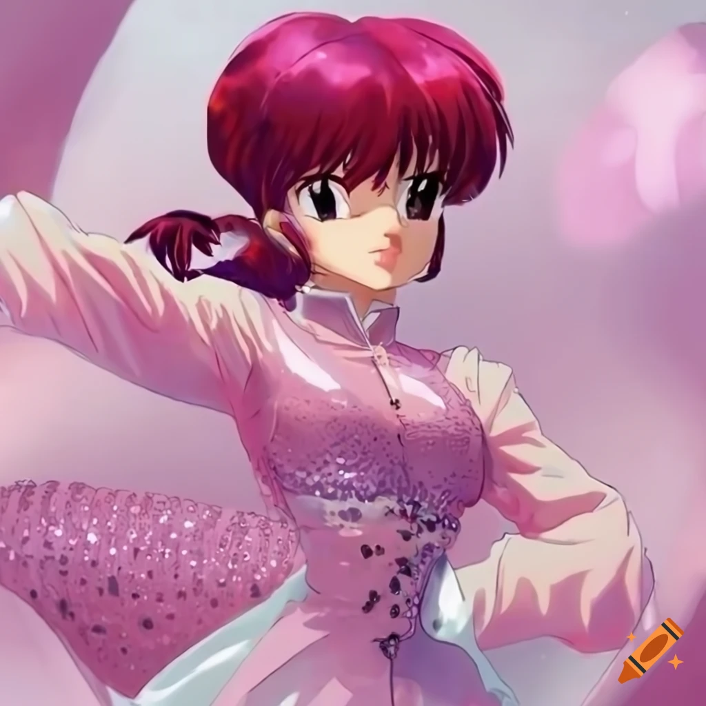 Ranma in pink sequined dress and white opera gloves on Craiyon