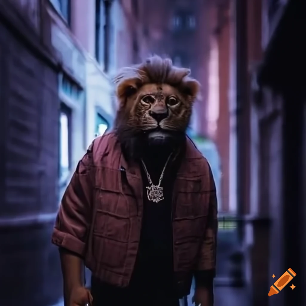 Image of a lion rapper in a dark alley