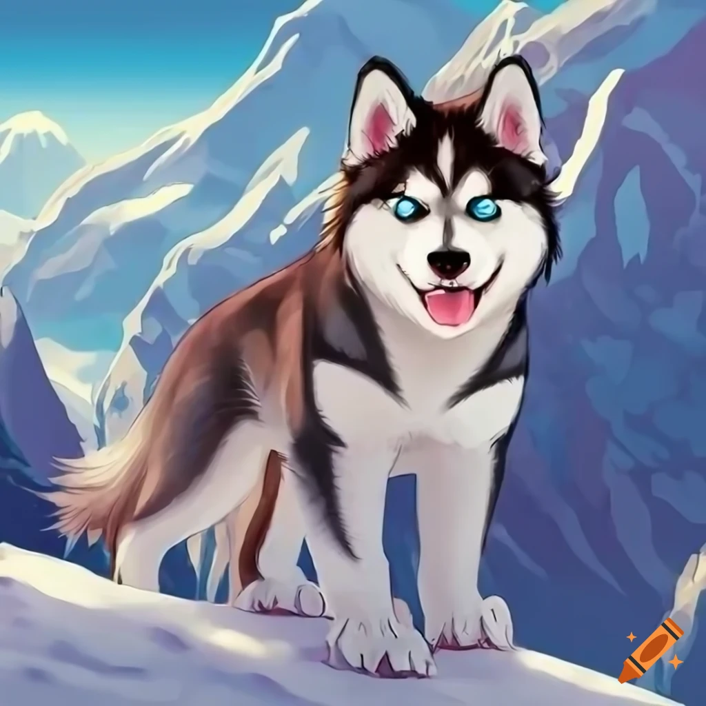 Anime illustration of a cute husky in the mountains on Craiyon