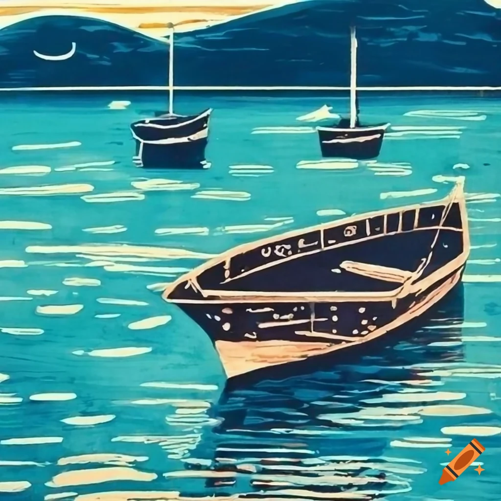 Linocut print of distressed wooden boats on the coast