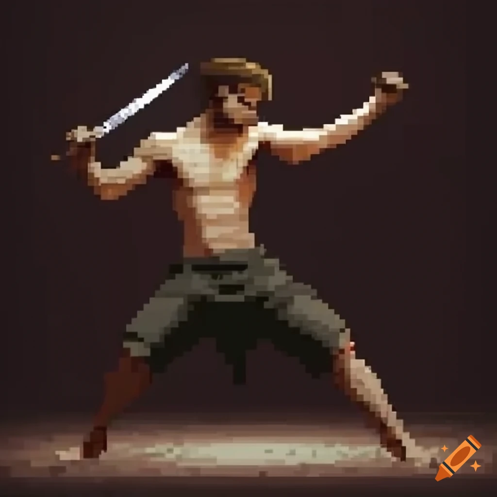 Pixel art of a man attacking with a sword on Craiyon