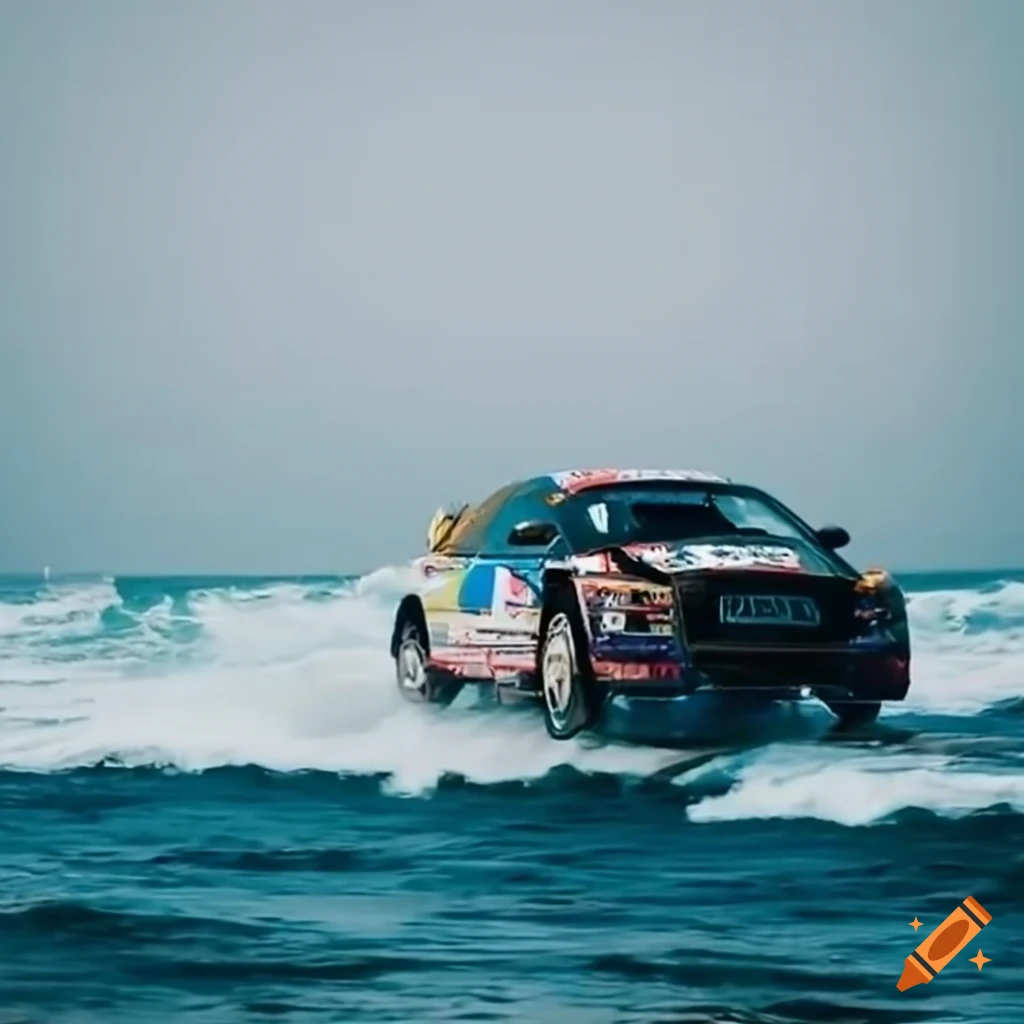 Rally car drifting on the ocean waves