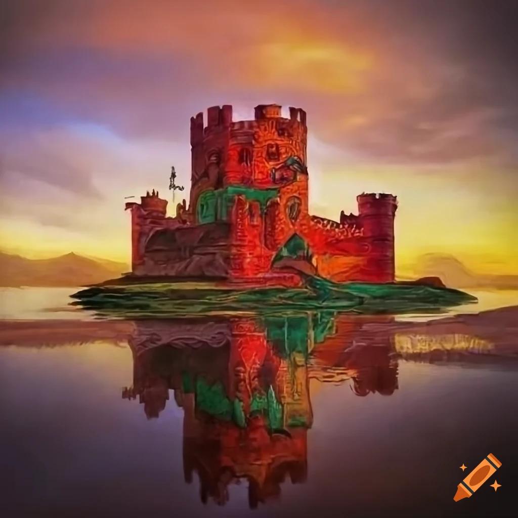 Painting of welsh castles with red dragon flag