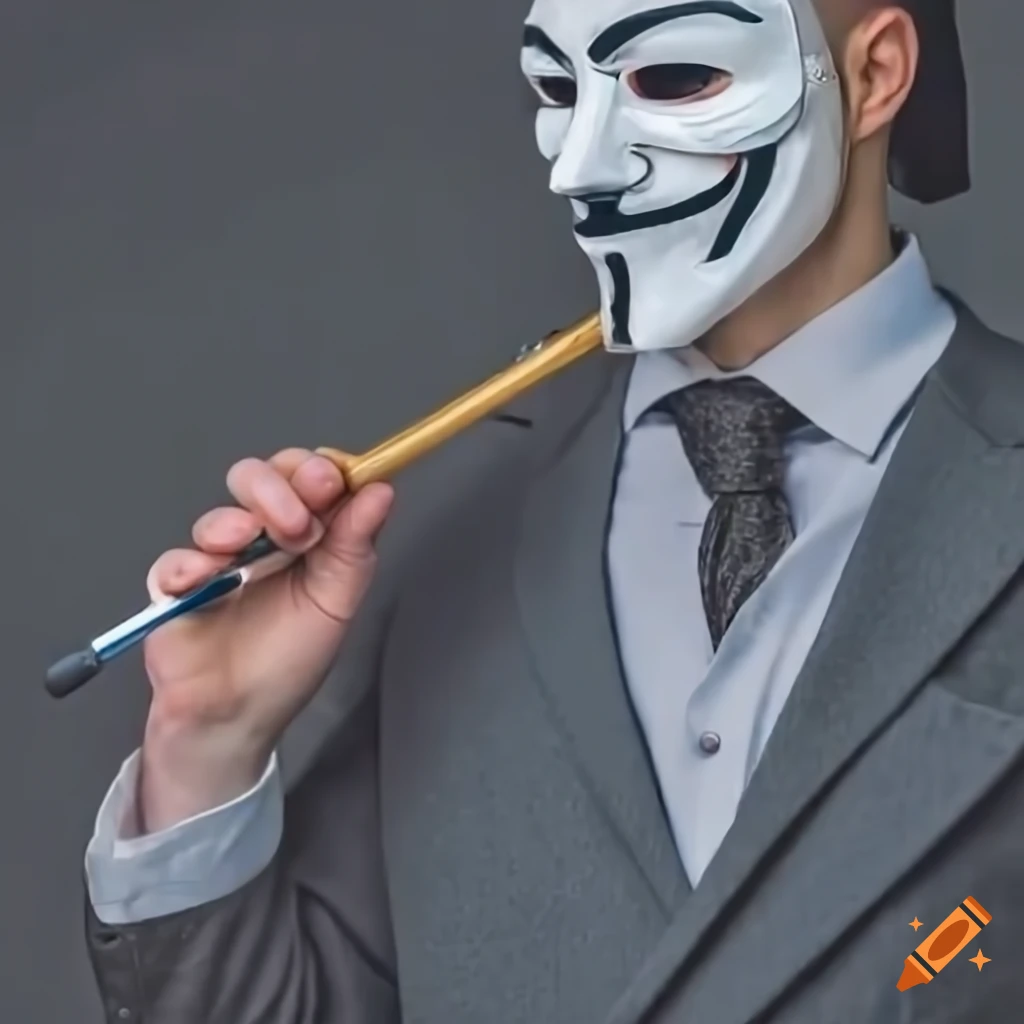 Stylish man wearing a hacker mask and suit on Craiyon