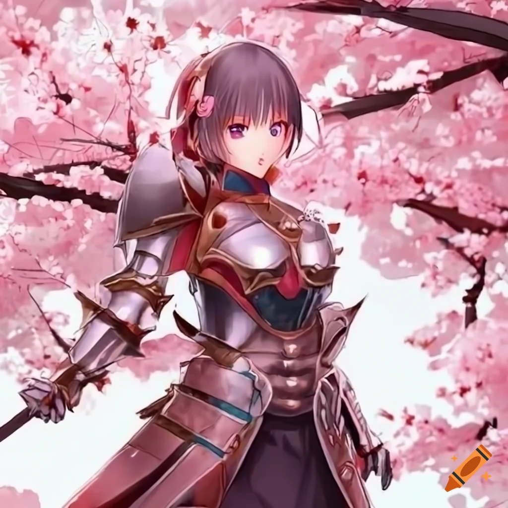 Anime girl in armor amidst sakura trees