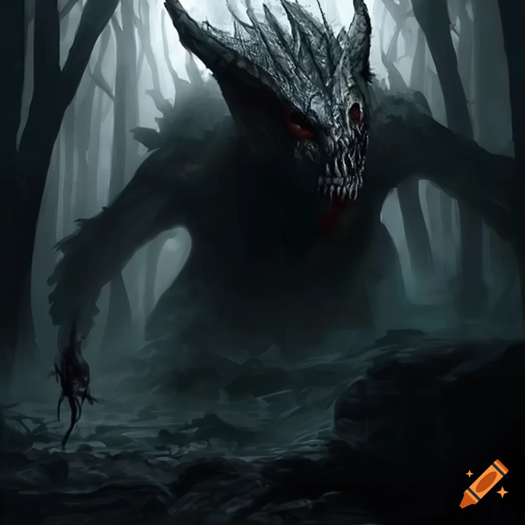Creepy image of a ghostly dragon in a dark forest