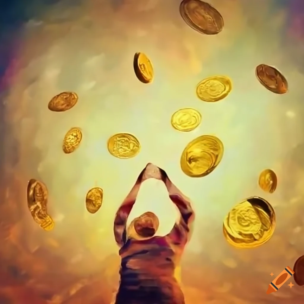 People amazed by falling golden coins