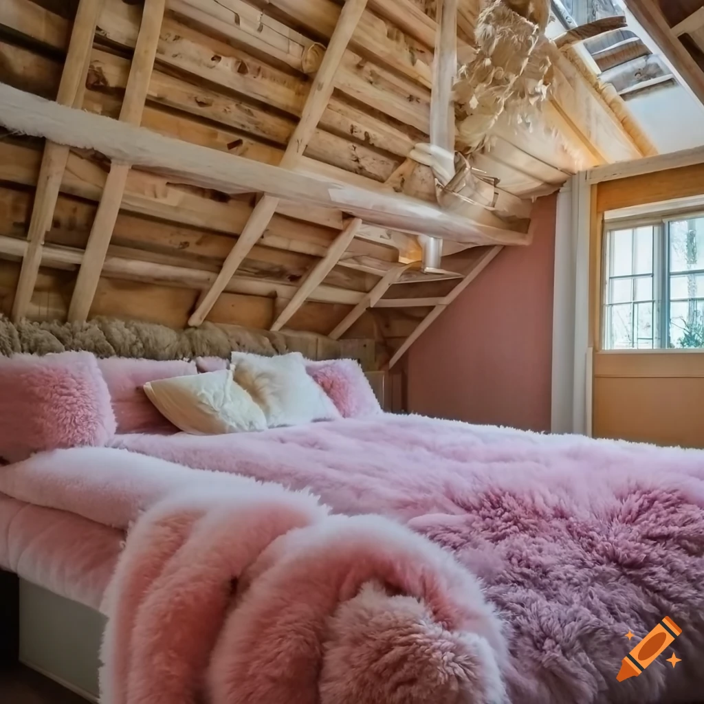 Cozy attic room with pink teddy blankets on a corner couch on Craiyon
