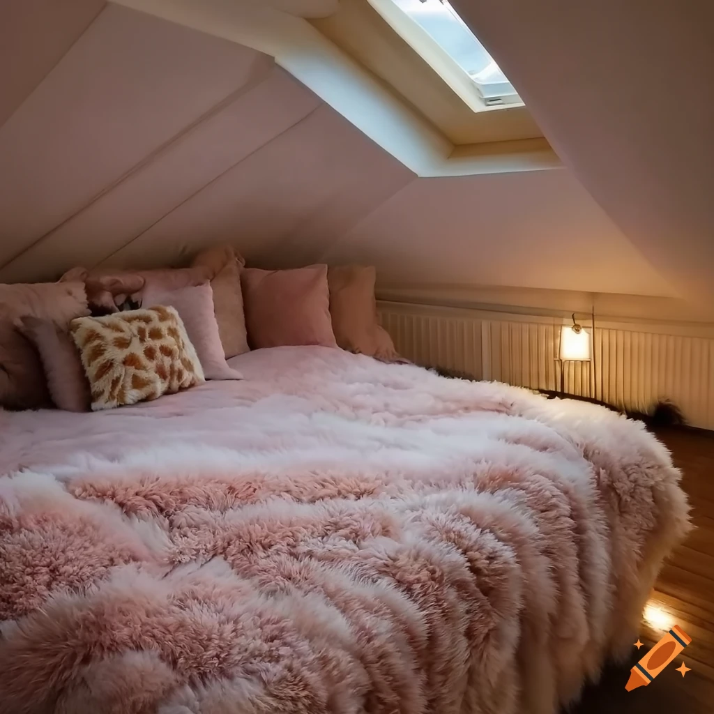 Cozy attic room with pink teddy blankets on a corner couch on Craiyon