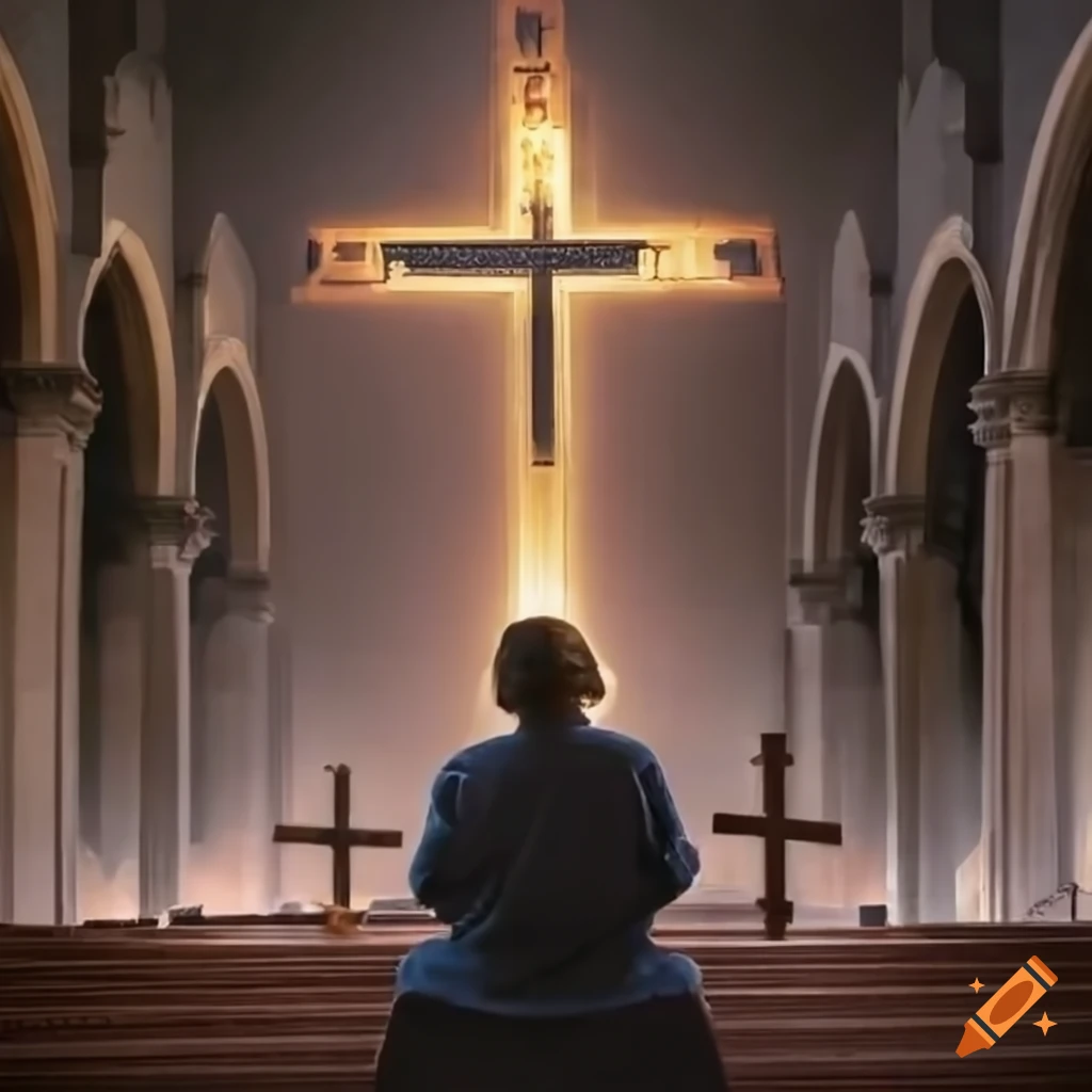 Christian sitting in a church looking at the cross