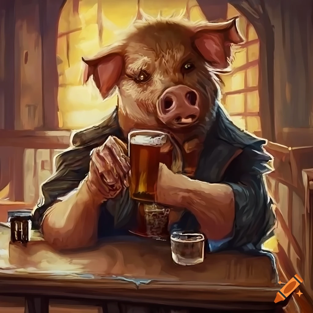 Furry art of an intelligent pig in a pub on Craiyon