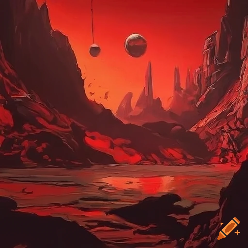 Red sci-fi landscape inspired by frank frazetta