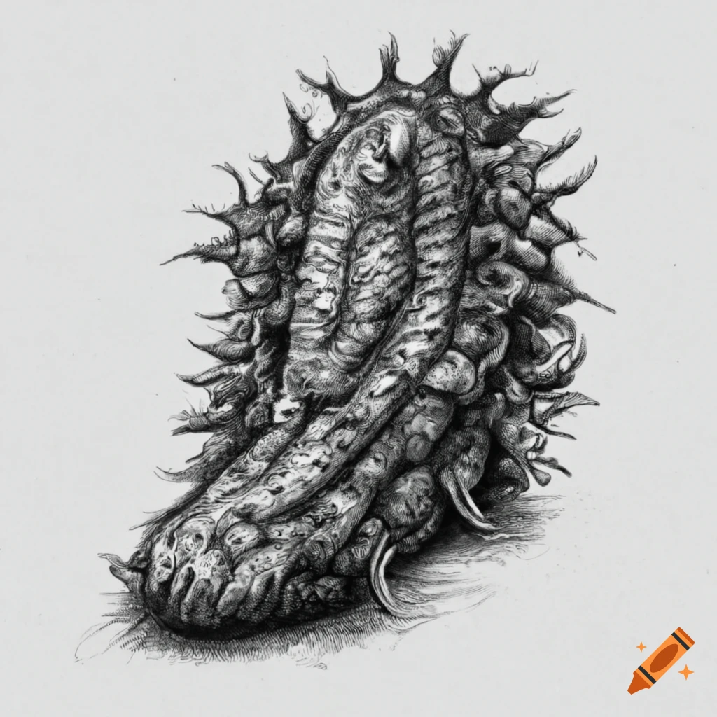 Etching of a sea creature with a lamprey mouth