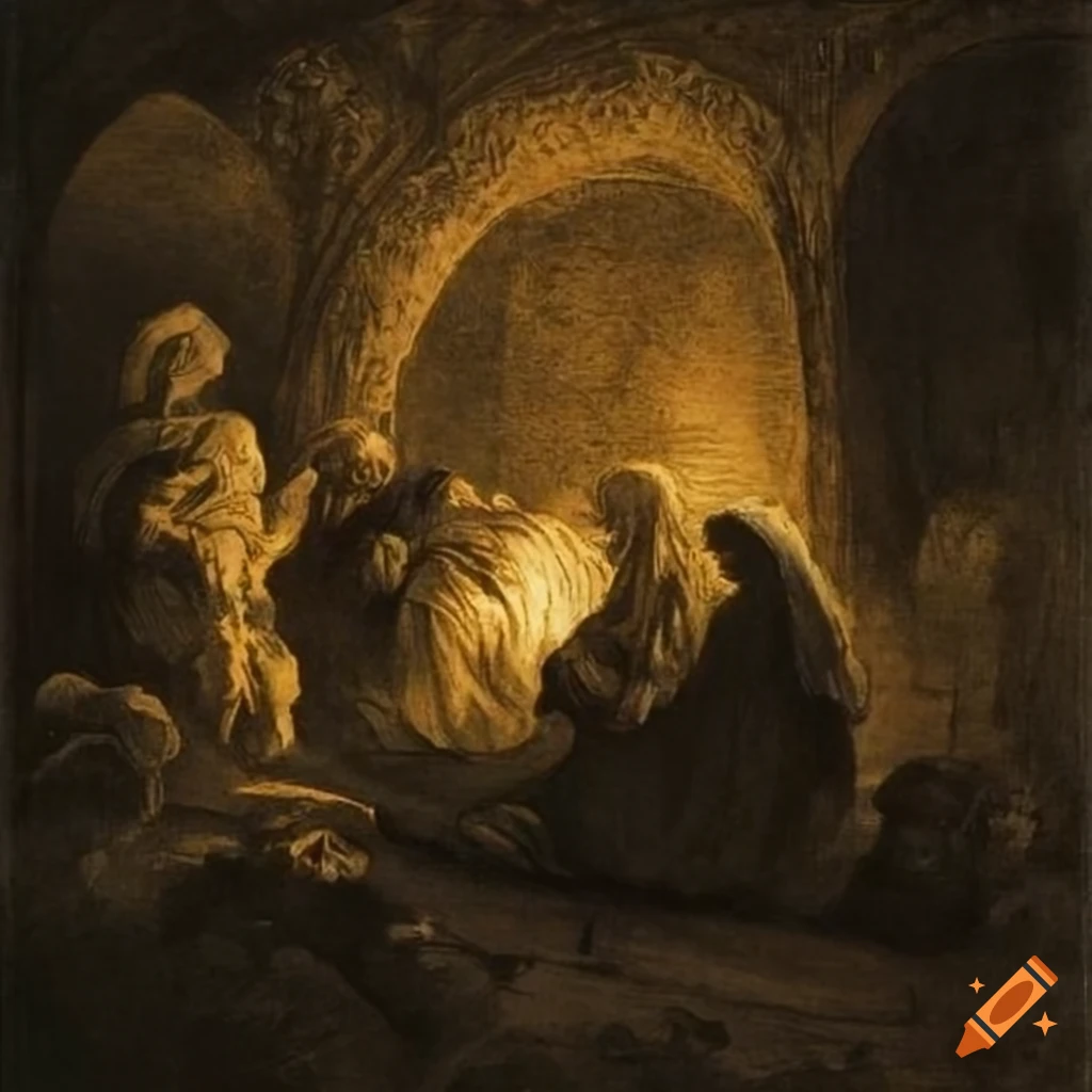 Etching of shepherds following angels in bethlehem on Craiyon