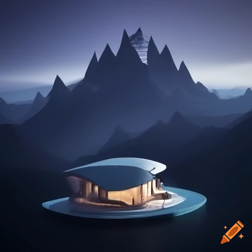 Digital landscape of a futuristic house amidst mountains