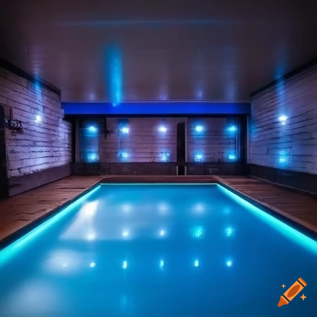 Blue-lit underground pool with wooden walls