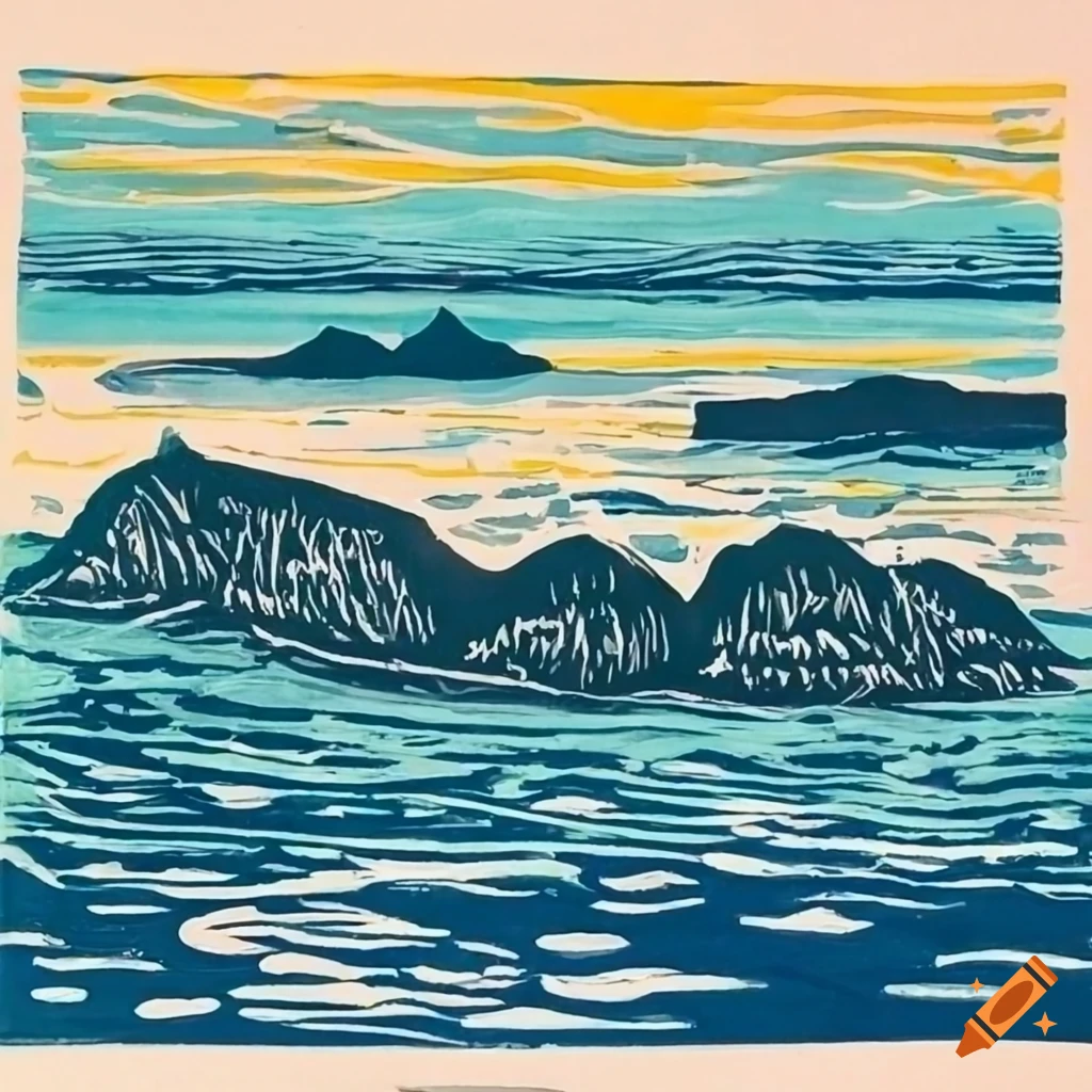 Linocut print of a colorful coastal landscape