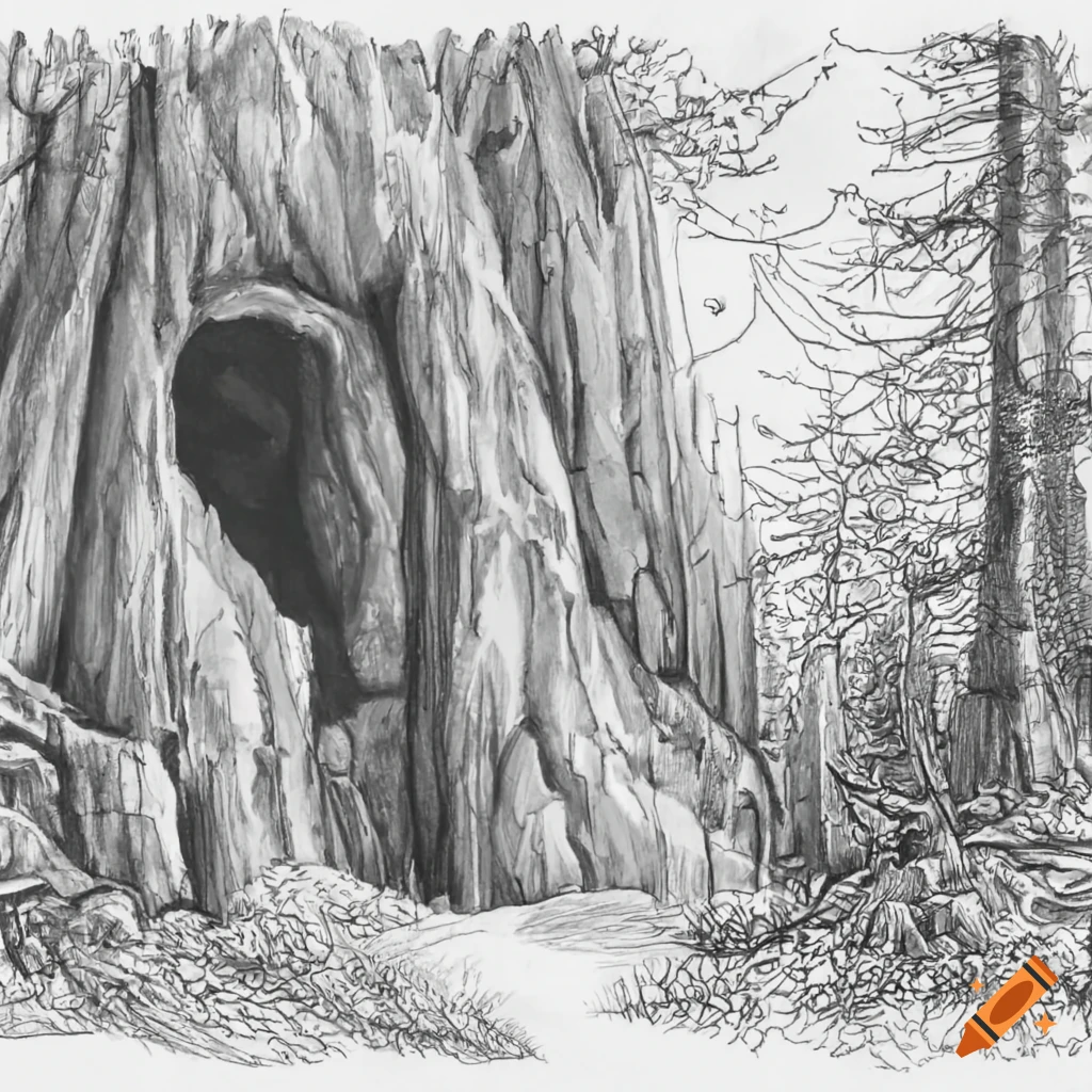 Hand-drawn black and white forest with a cave entrance on Craiyon