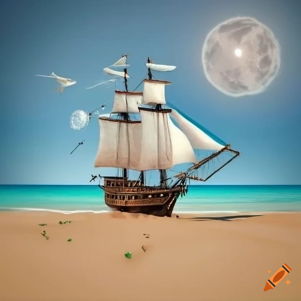 3d rendering of a pirate ship on a sunny beach