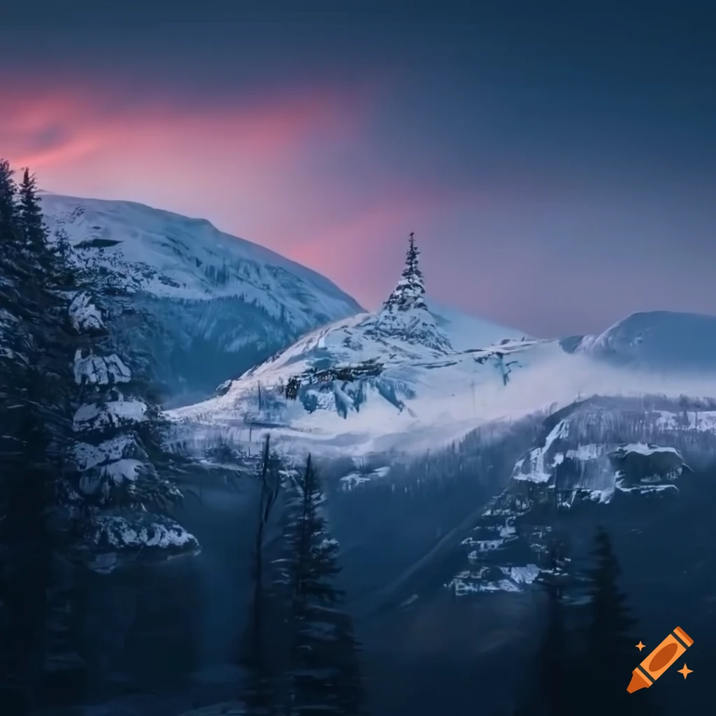 Photorealistic image of a remote snowy mountain lodge