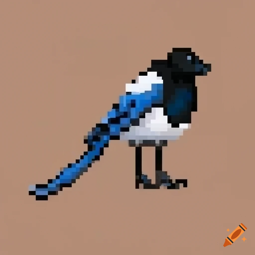 Pixel art of a colorful magpie
