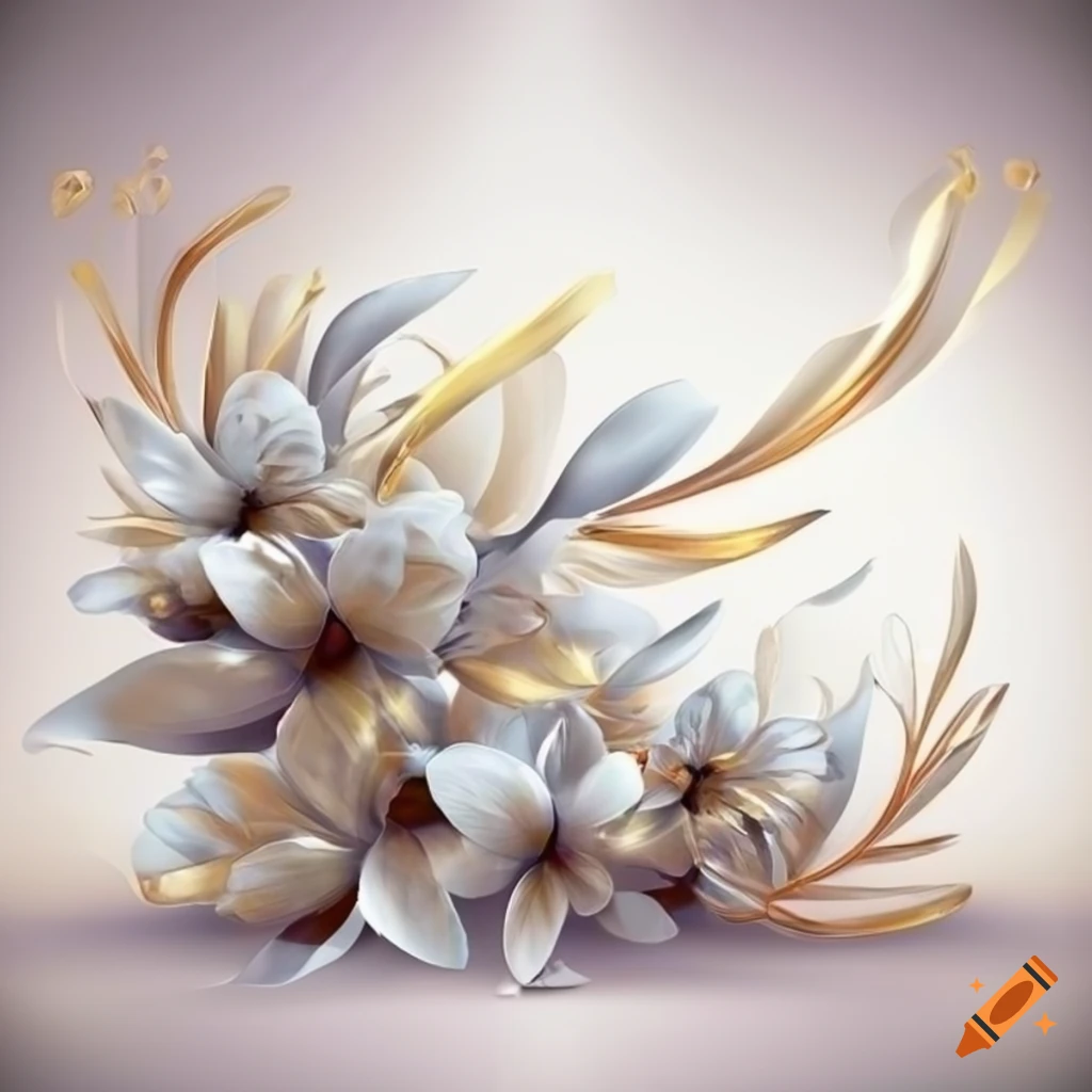 Abstract silver artwork with transparent leaves and flowers