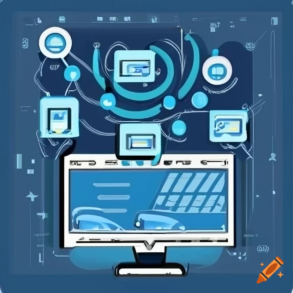 Illustration of computer equipment in blue tones