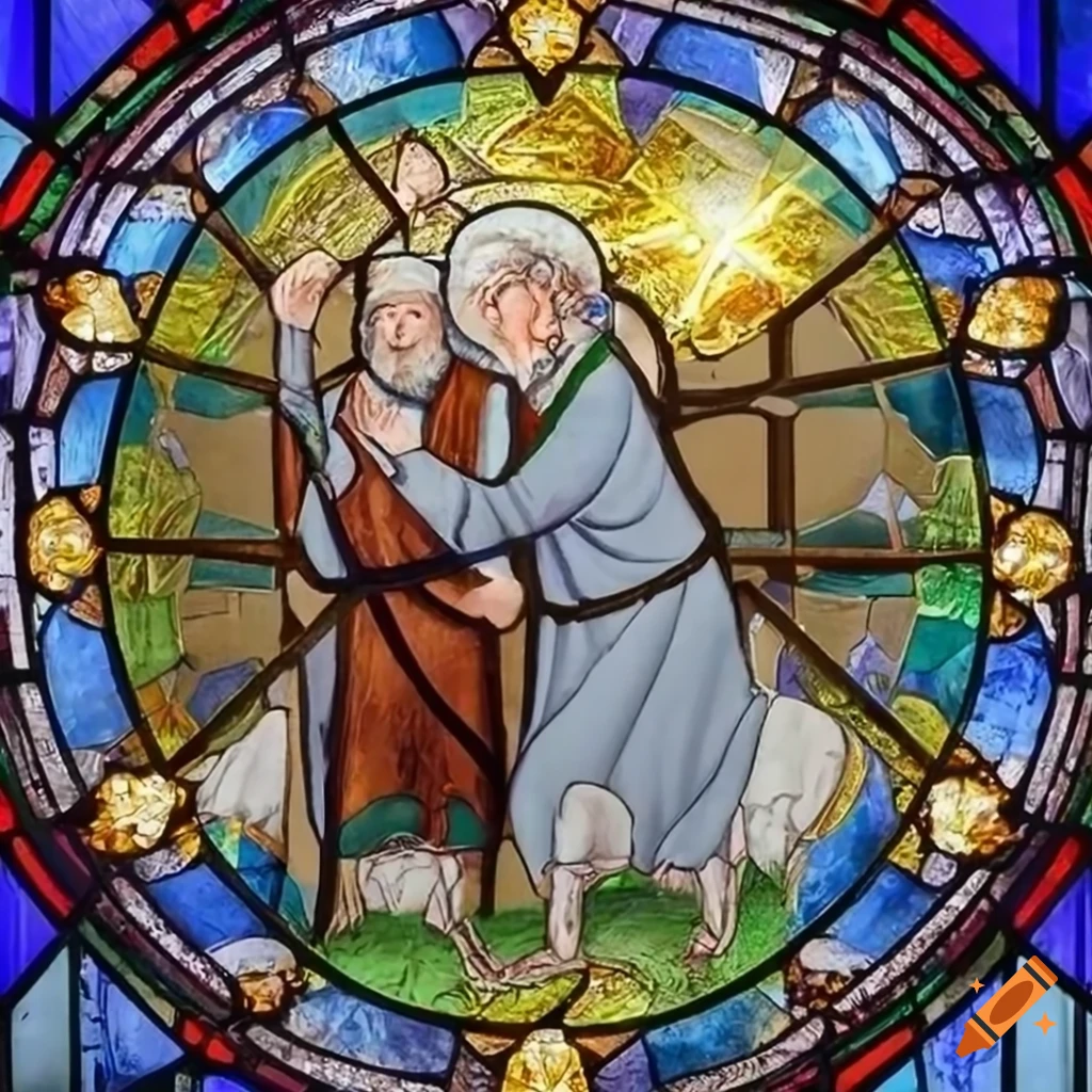 Stained glass artwork of shepherds under a radiant star