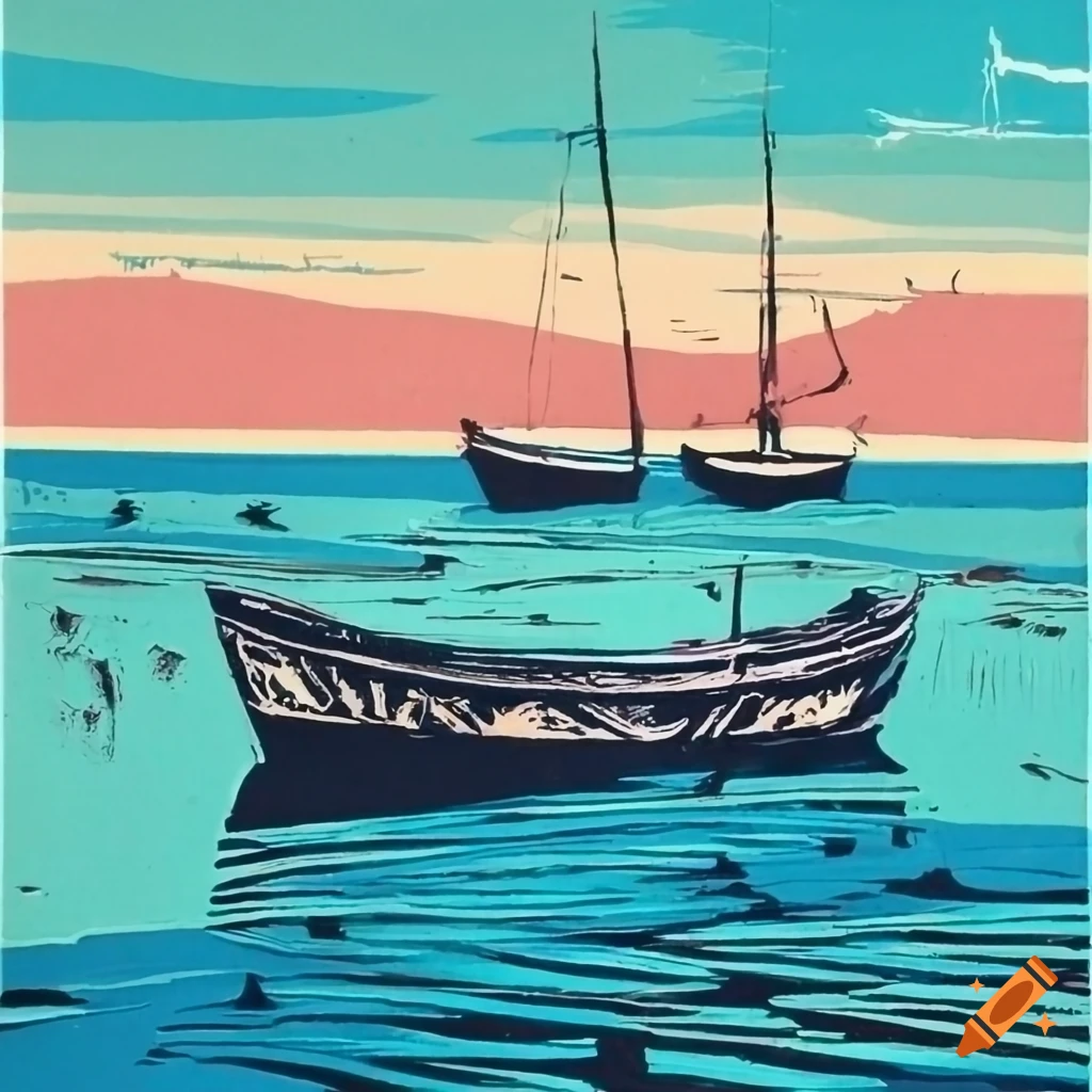 Linocut of distressed wooden boats and coastal scenes