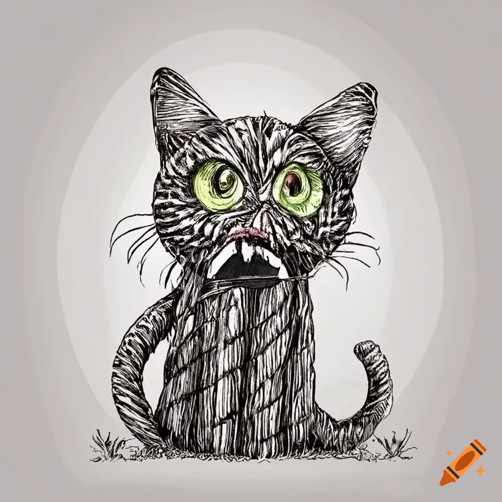 Detailed etching of a wicker cat monster