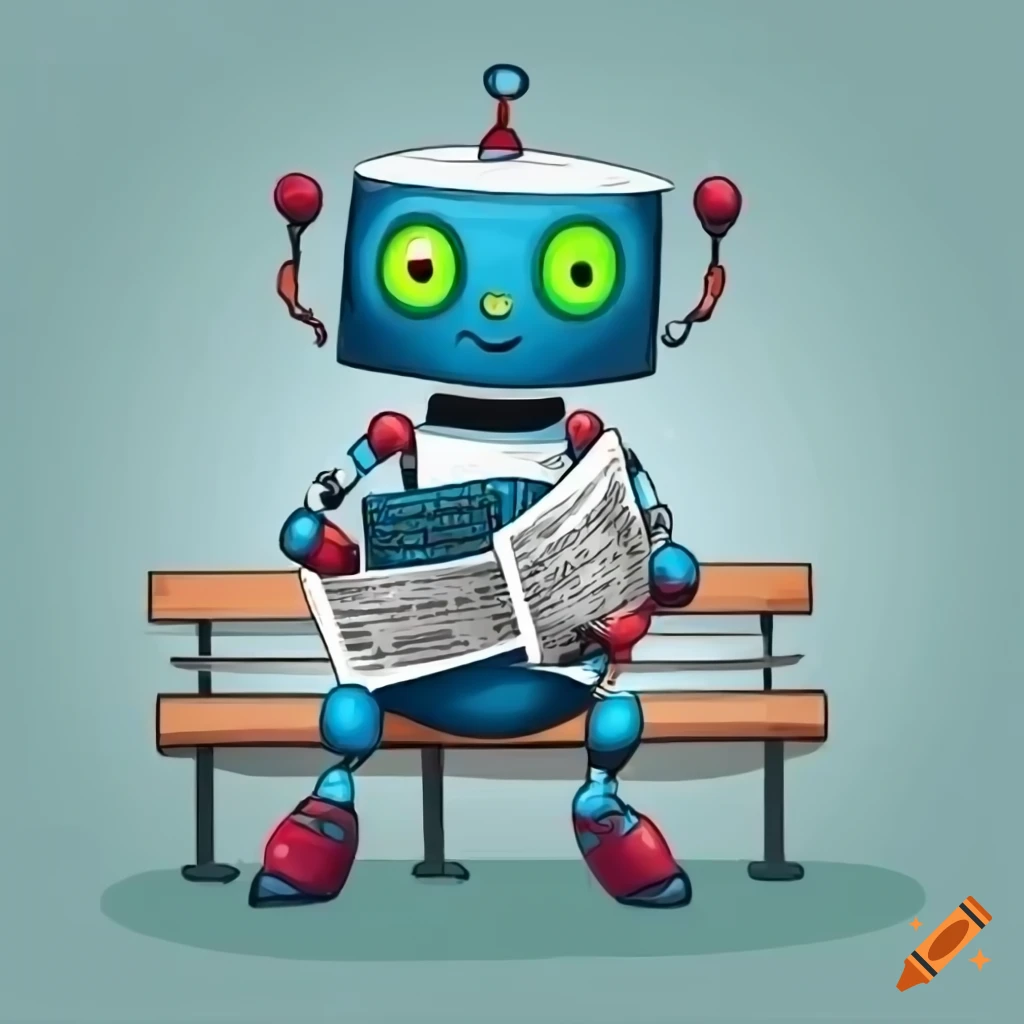 Cute cartoon robot reading a newspaper on a bench on Craiyon