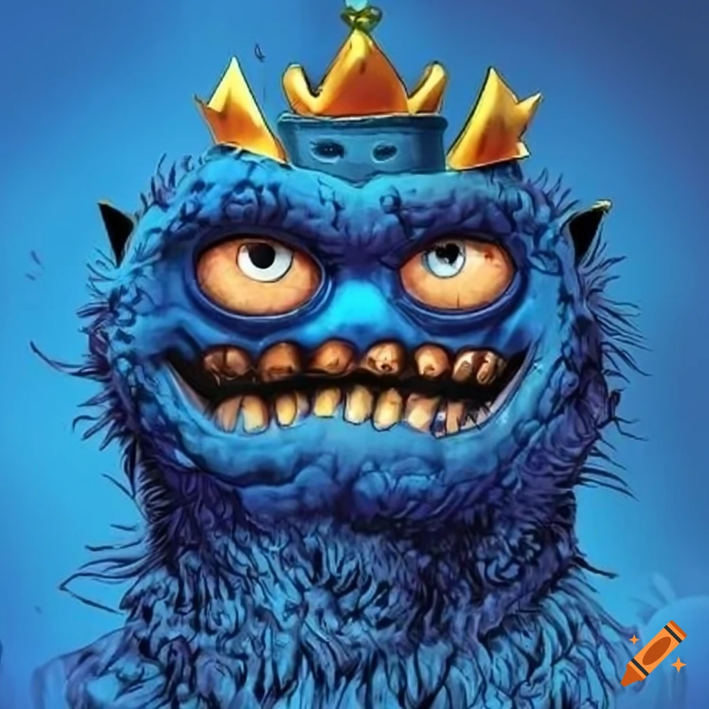 Cartoon illustration of a blue monster with a crown