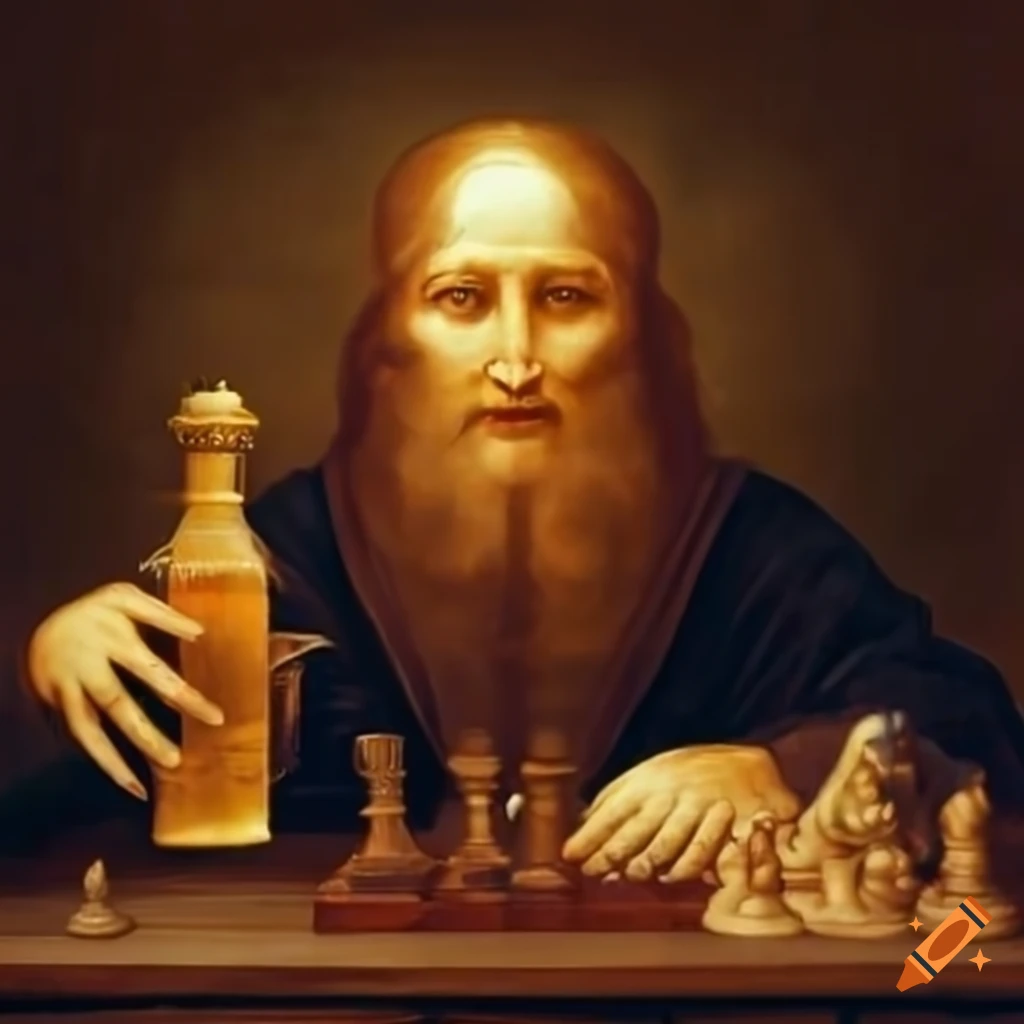 Leonardo da vinci playing chess with a beer