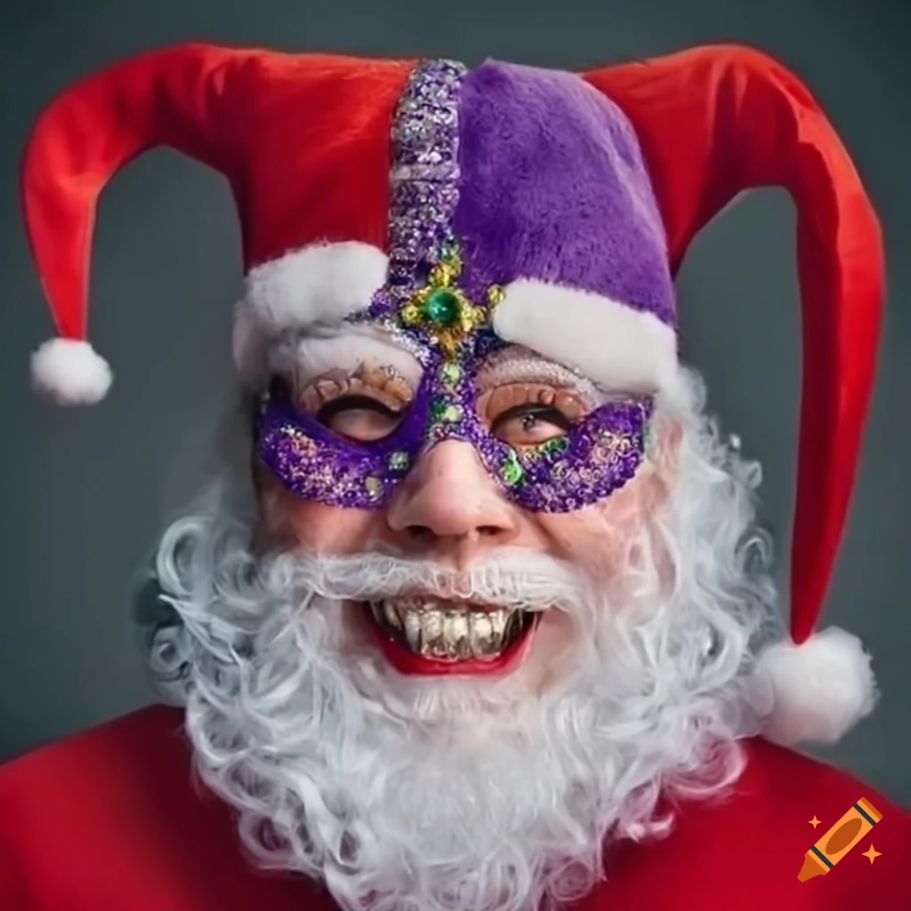 Santa wearing a mardi gras mask and jester hat