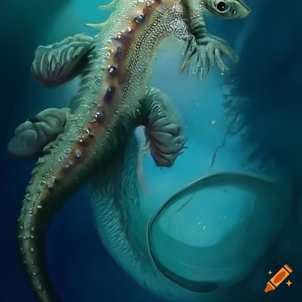 Highly detailed etching of a merman with a sea cucumber-lizard hybrid ...