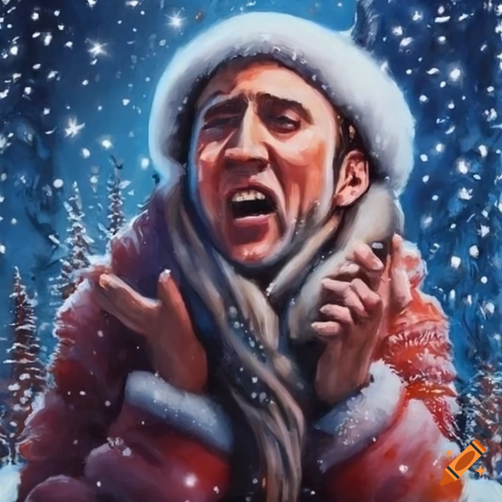 Painting of nicolas cage crying of joy on christmas night