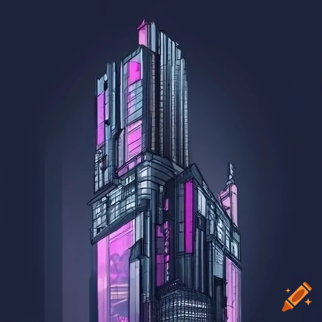 Architectural drawing of a cyberpunk skyscraper on Craiyon