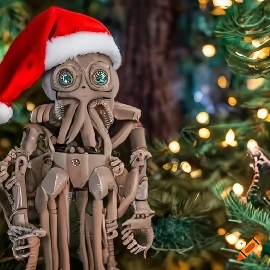 Robot cthulhu wearing santa hat in pine garlands on Craiyon