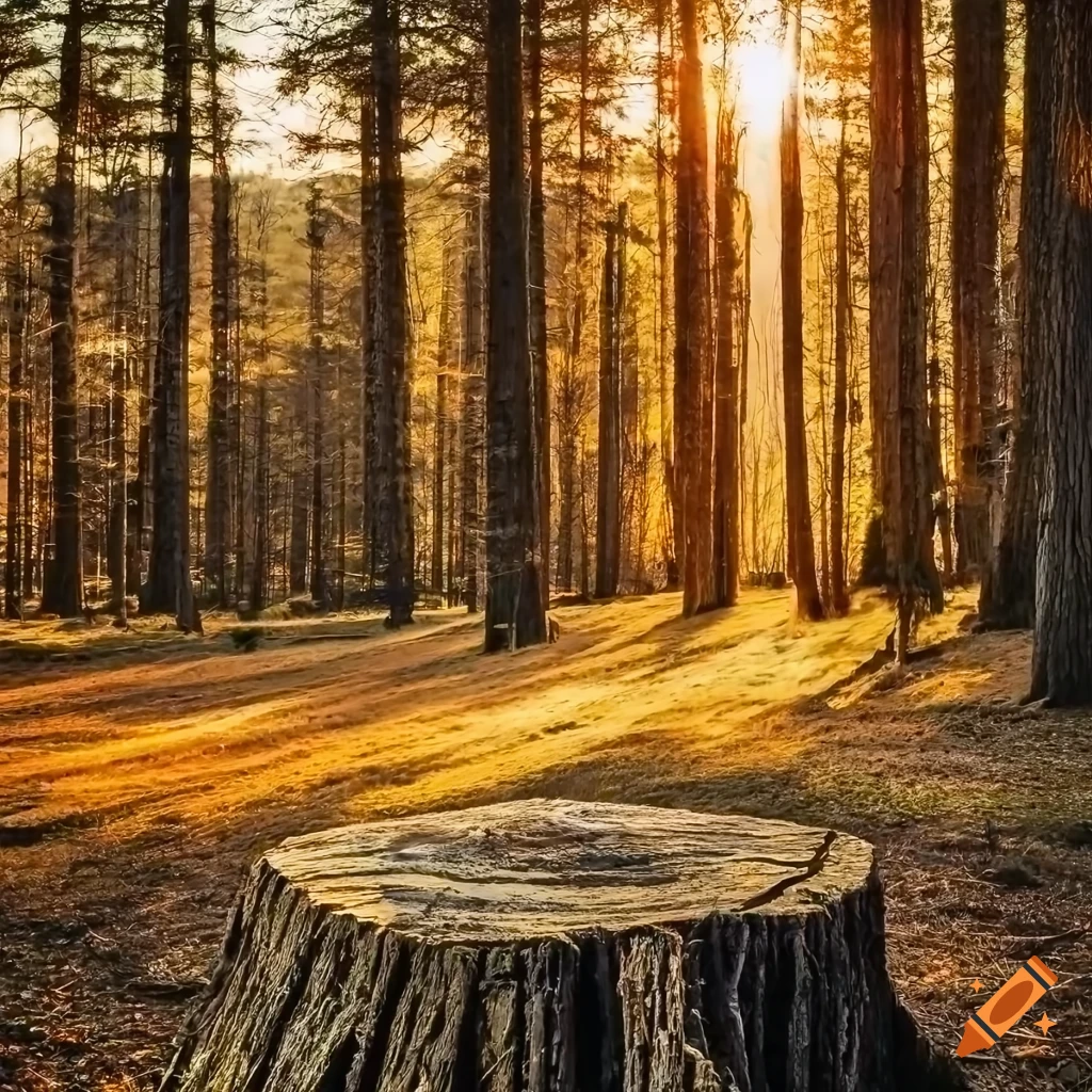 Sunset view of a big tree stump in a pine forest