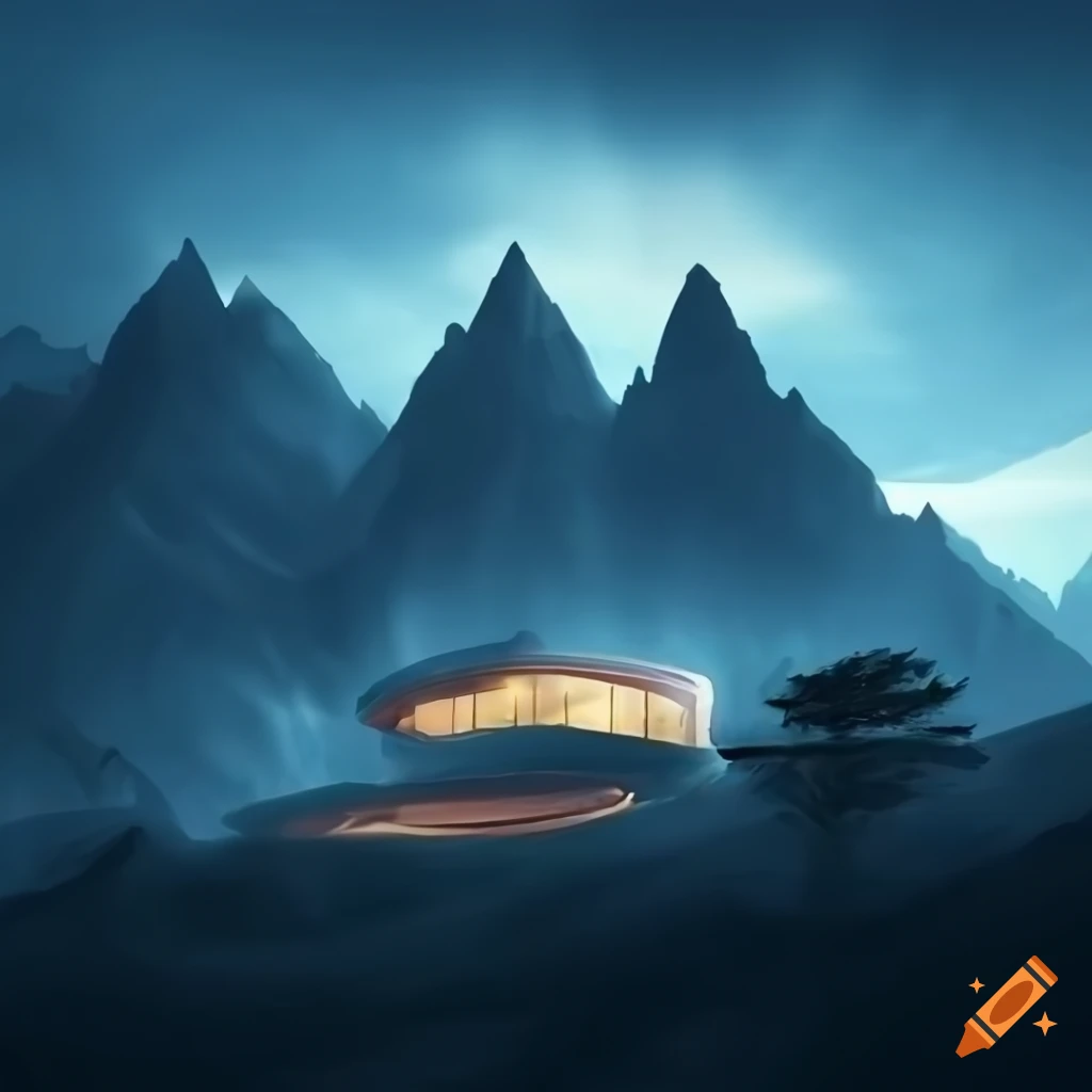 Digital landscape of a futuristic house amidst mountains on Craiyon