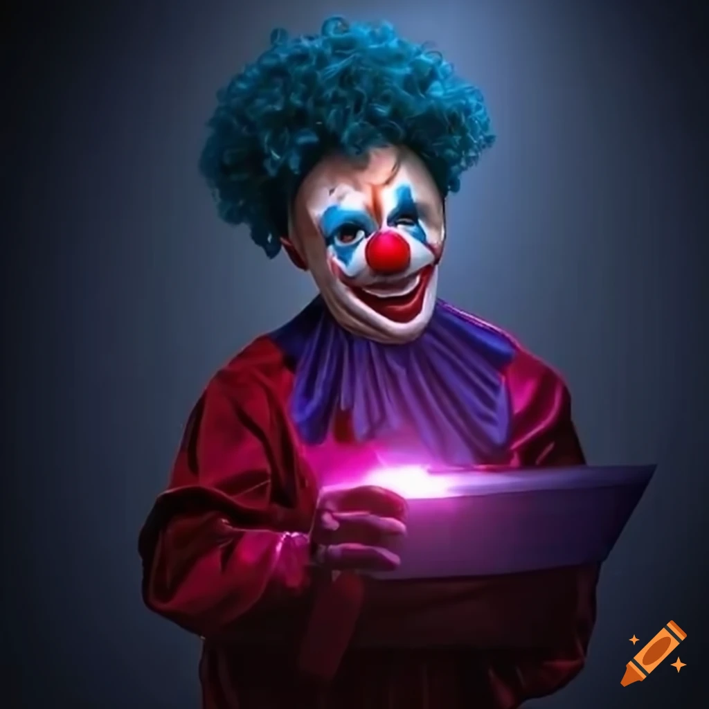 Clown engrossed in a computer game