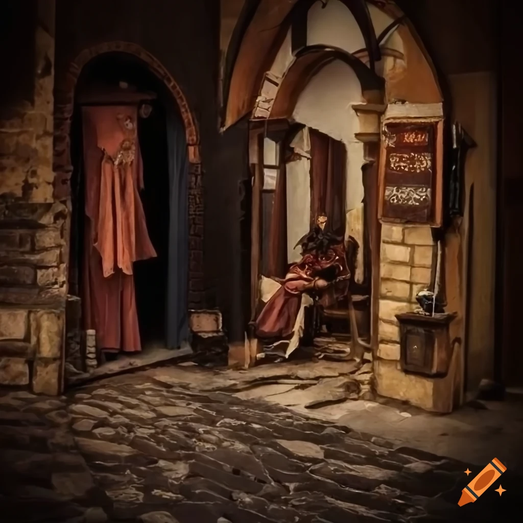 Exterior of a fantasy medieval tailor shop on a cobblestone street on ...