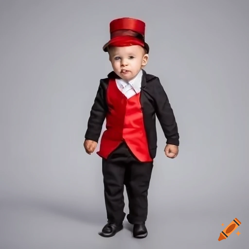 Toddler in a ringmaster costume standing on a white background on Craiyon